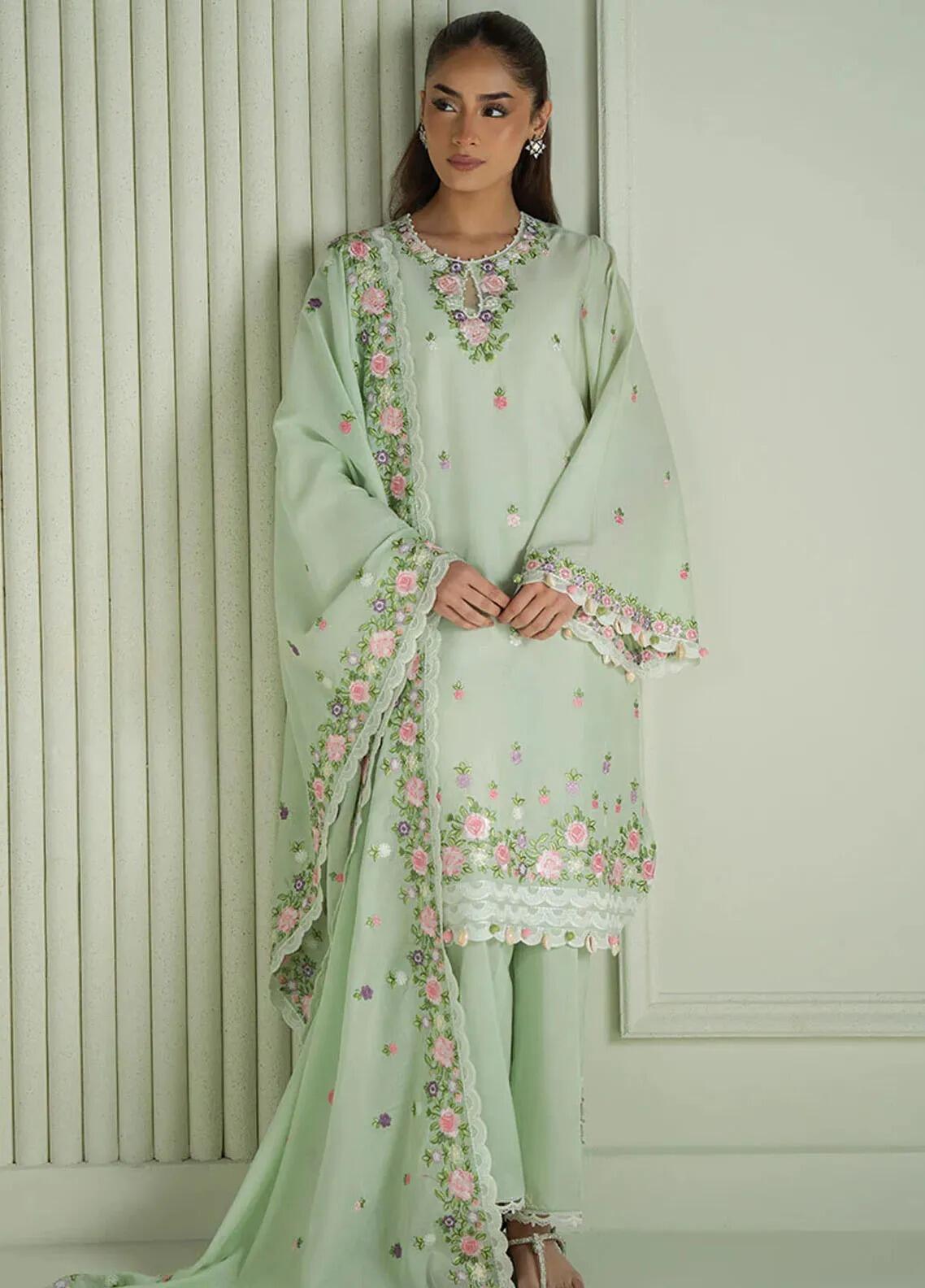 Verdant Bloom Mahiri by Cross Stitch Embroidered Green Lawn Suits