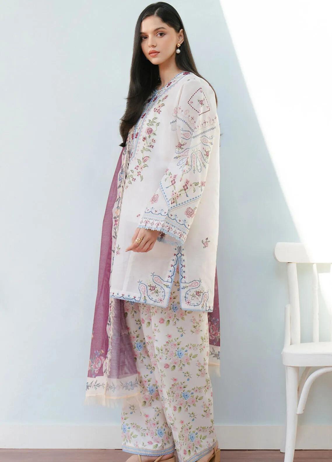 D2B Serene Coco By Zara Shahjahan Pearl White Embroidered Lawn Suits