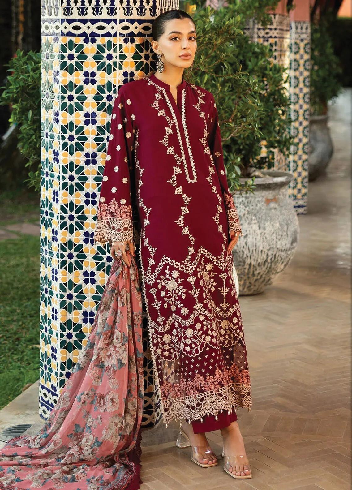Izrah - 2B Zainab Chottani Maroon Embroidered Chikankari Suits Summer ...