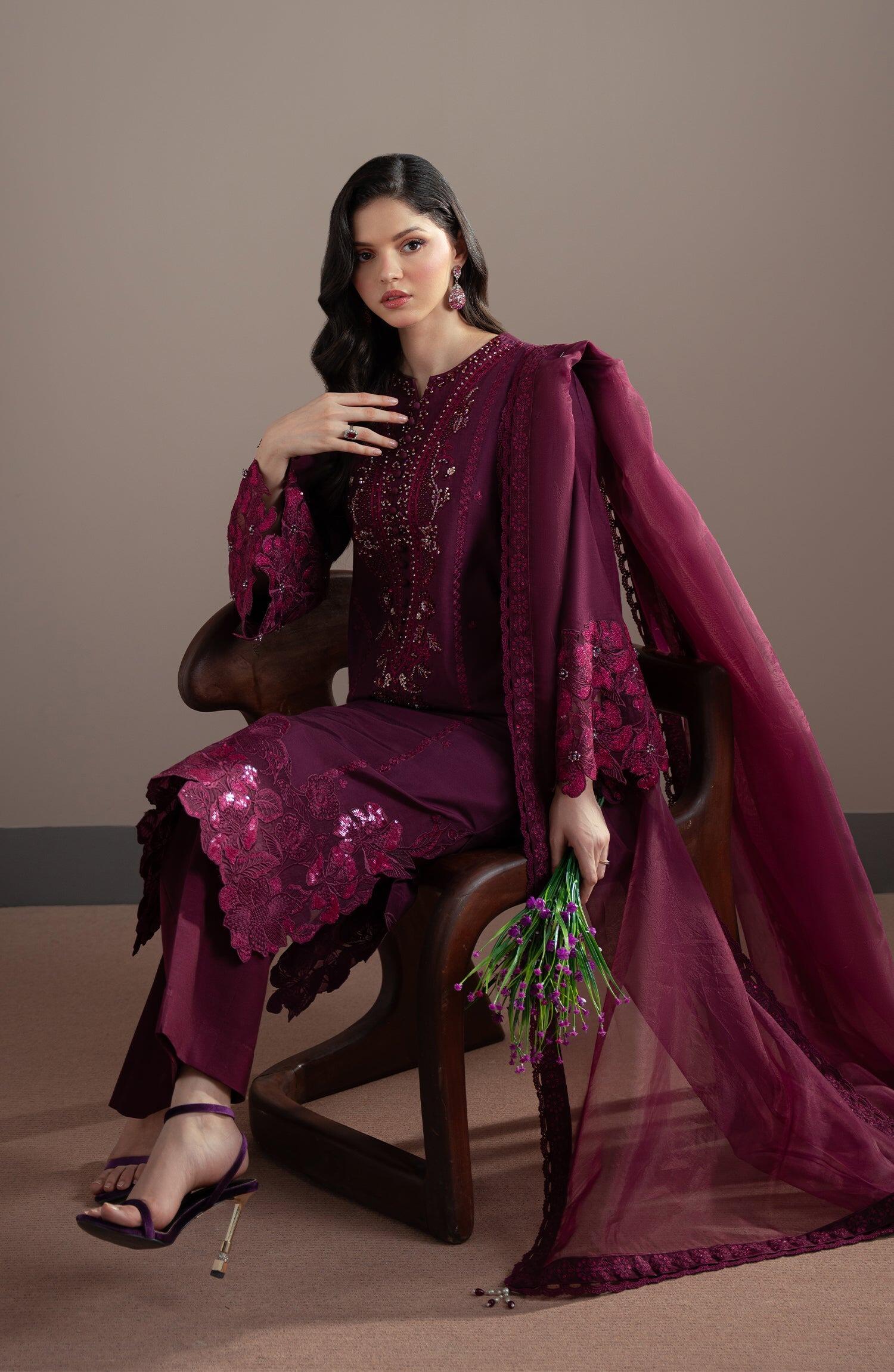 Elvin by Fabiha Fatima Lazel Plum Embroidered Grip Silk Suits