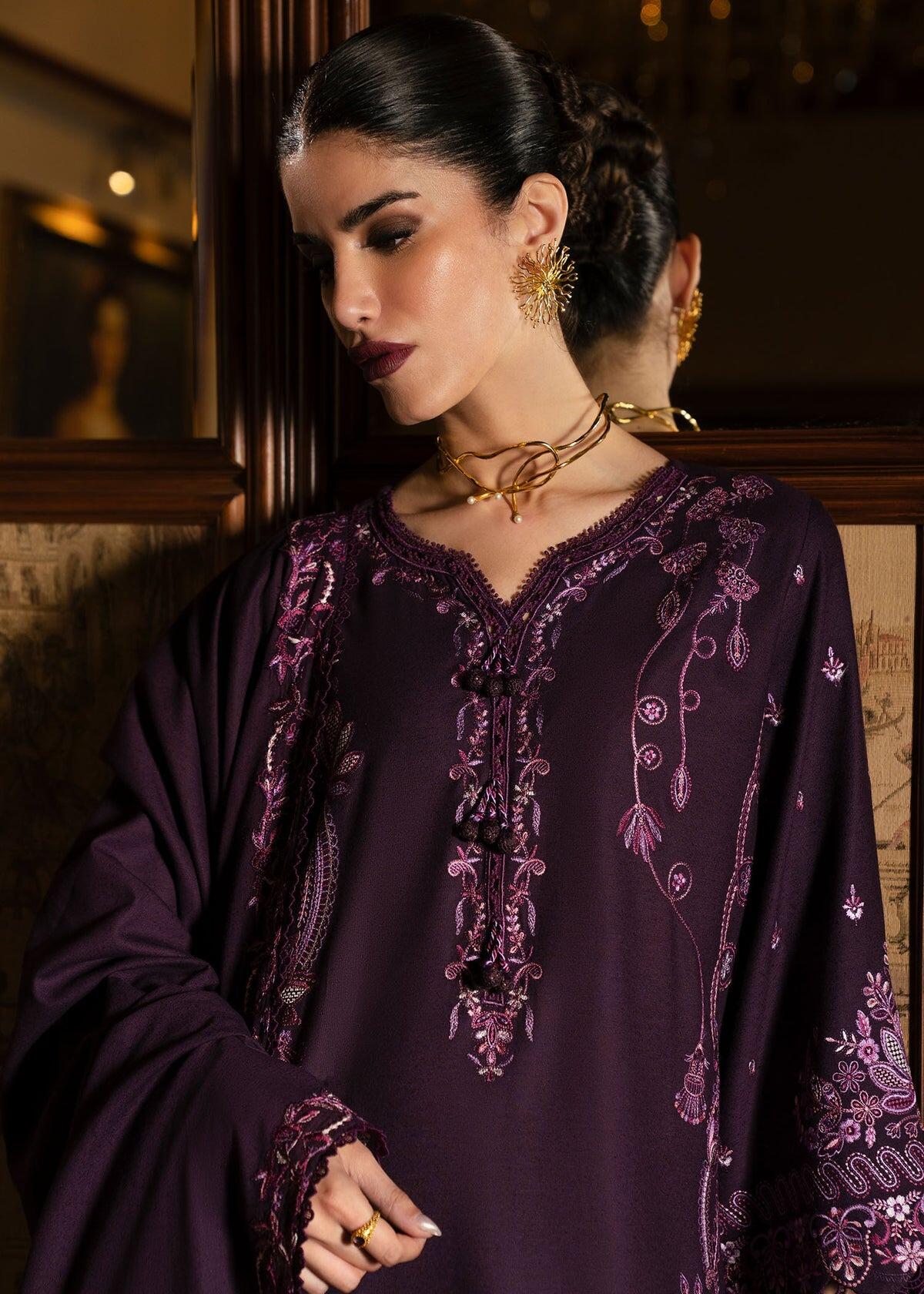 Roshanda Gulana by Kanwal Malik Plum Embroidered Karandi Suits