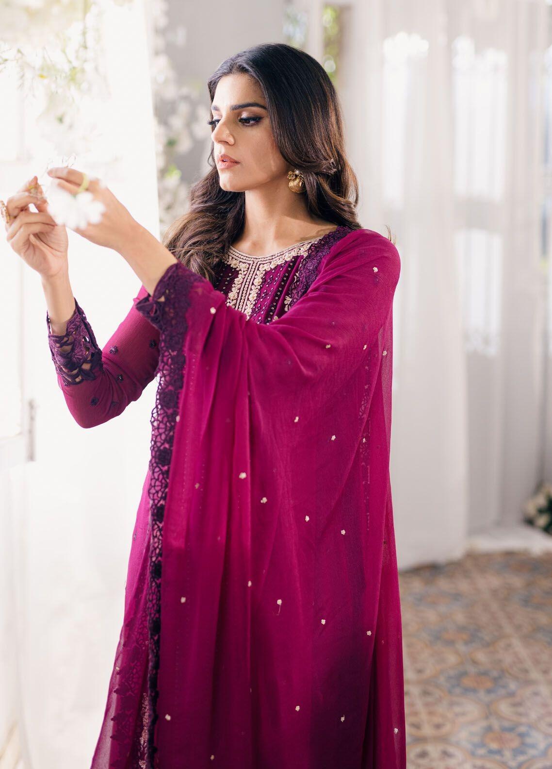 Merlot Muse Ensembles By Azure Embroidered Chiffon Suits Festive Collection
