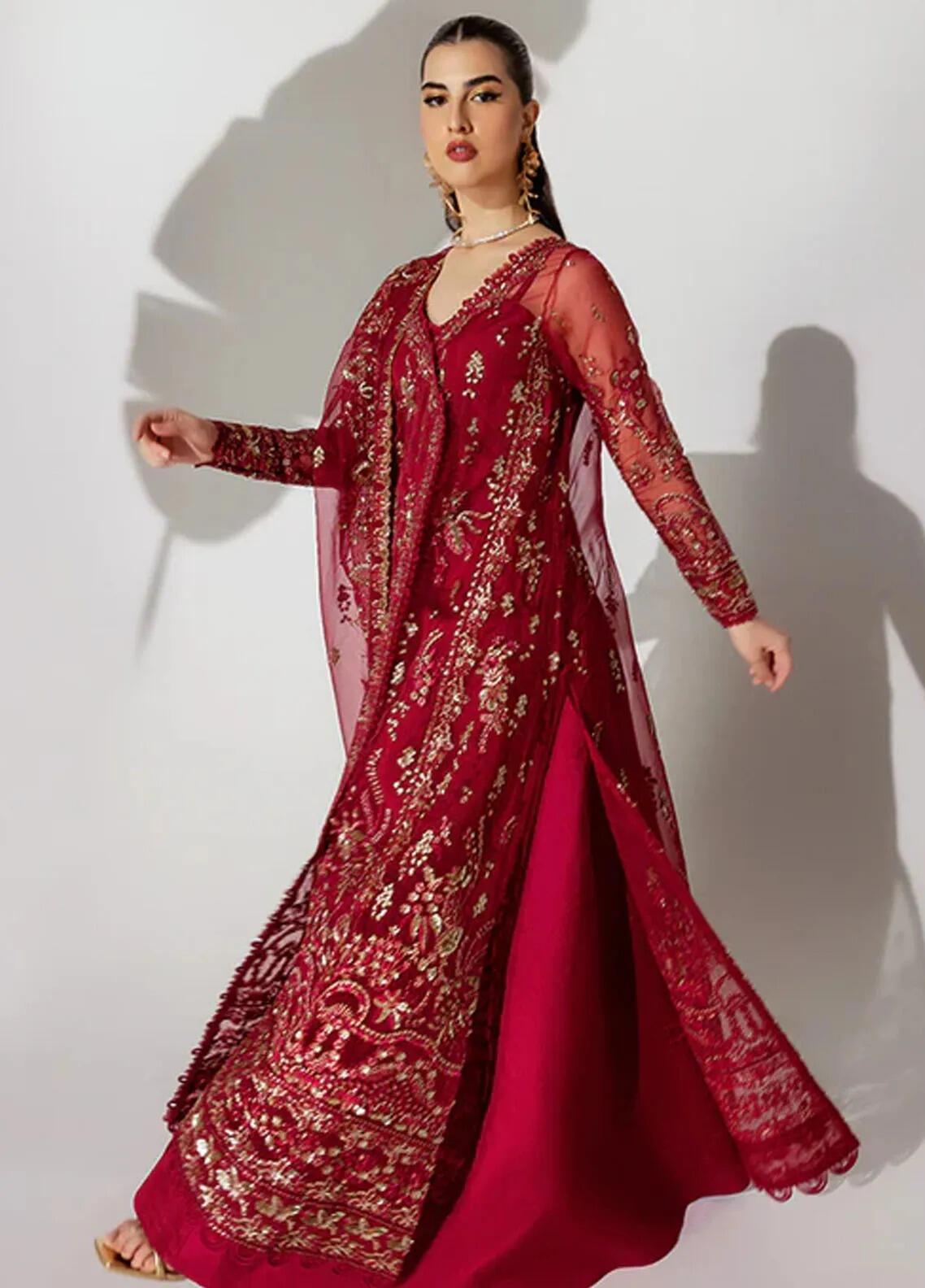 Apple Canary by Scintilla Saffron Embroidered Dark Red Organza Suit ...