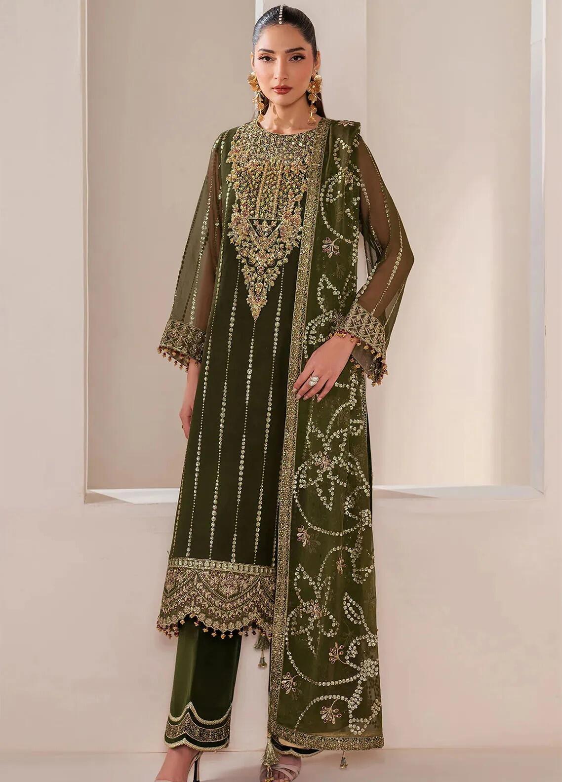 D-4033 Olivia Reena by Alizeh Fashion Olive Green Embroidered Chiffon Suits