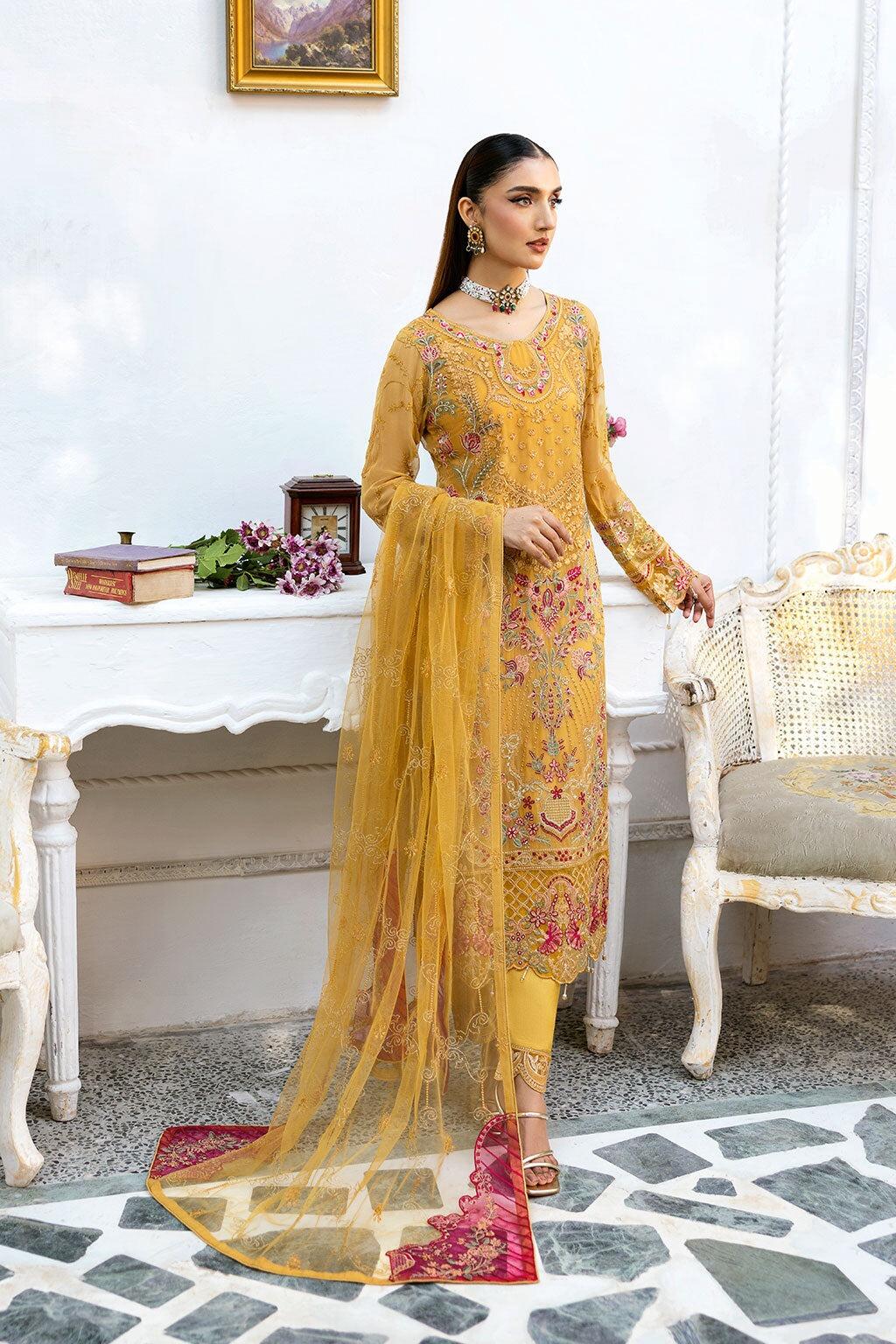 A-1004 Ramsha Chevran Formal Yellow Embroidered Chiffon Collection Vol 10