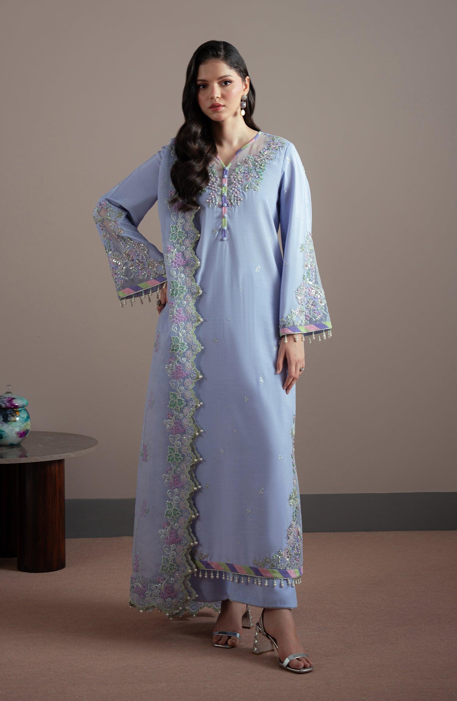 Elvin by Fabiha Fatima Iris Misty Blue Pret Embroidered Raw Silk Suit