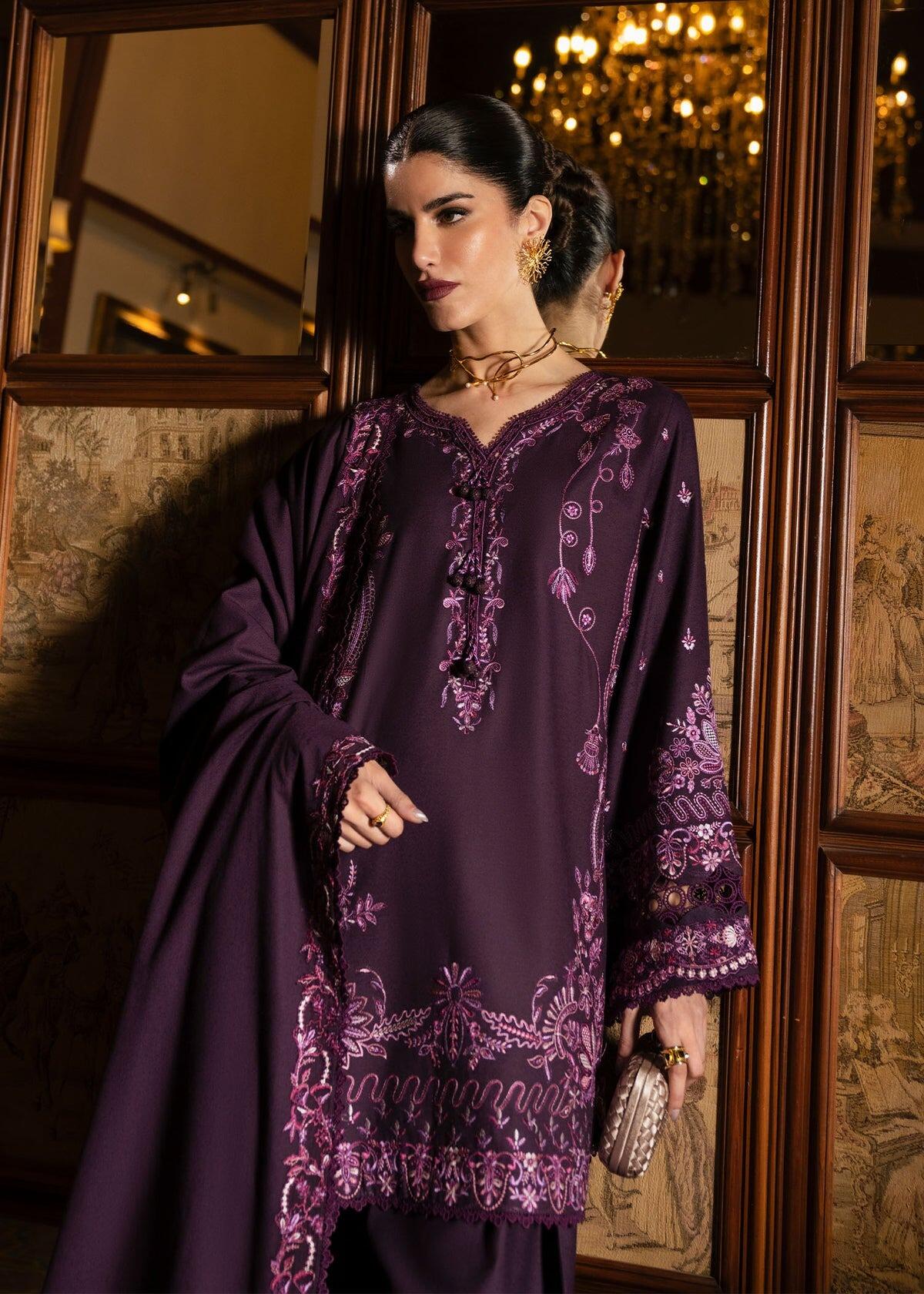 Roshanda Gulana by Kanwal Malik Plum Embroidered Karandi Suits