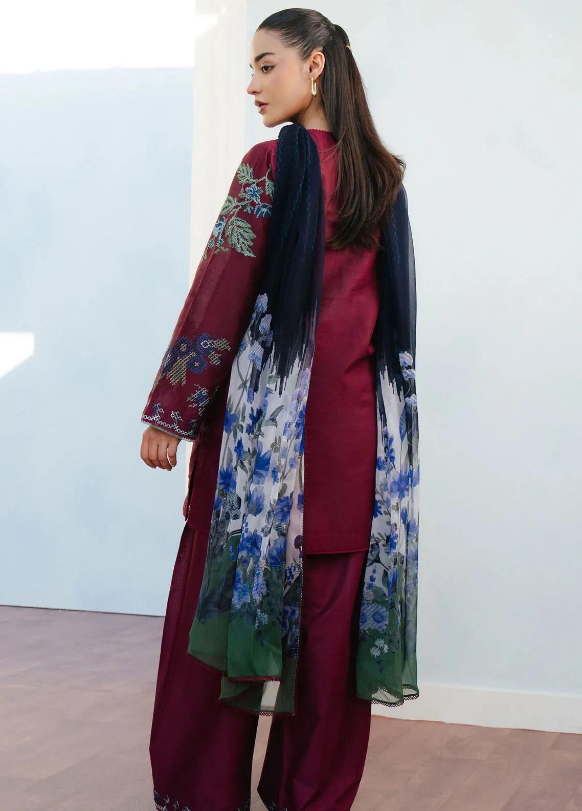 D4B Freya Coco By Zara Shahjahan Deep Burgundy Embroidered lawn Suits