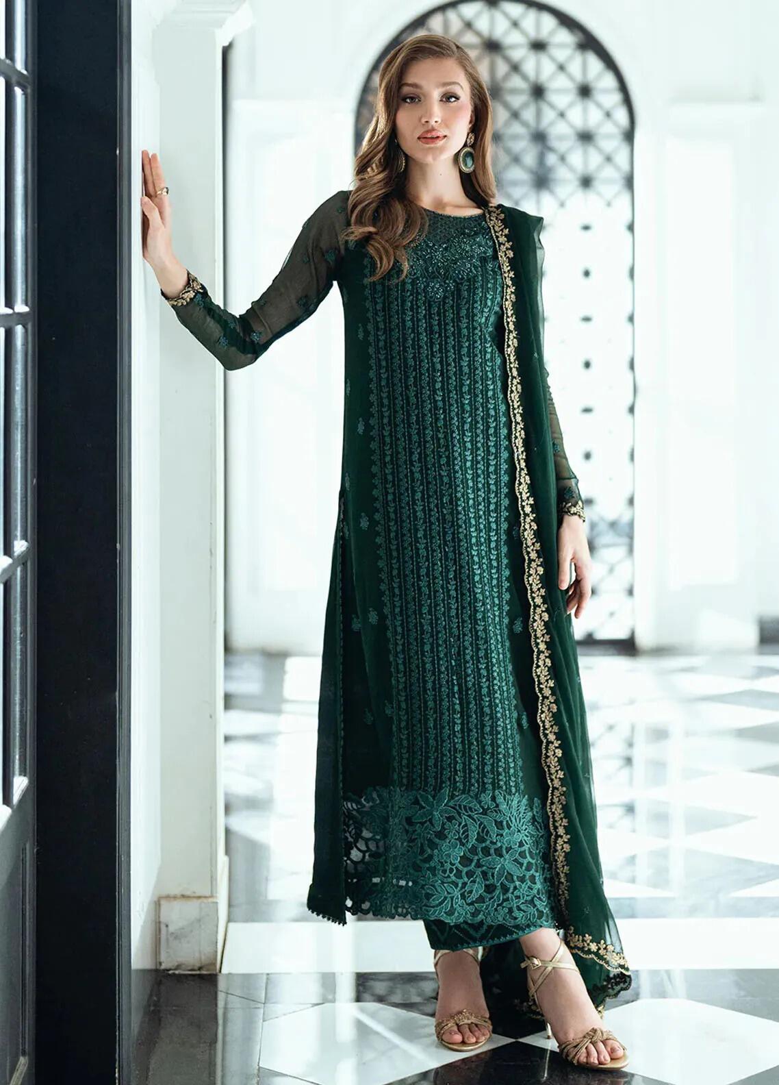 Emerald Whisper Ensembles by Azure Embroidered Dark Green Chiffon Eid ...
