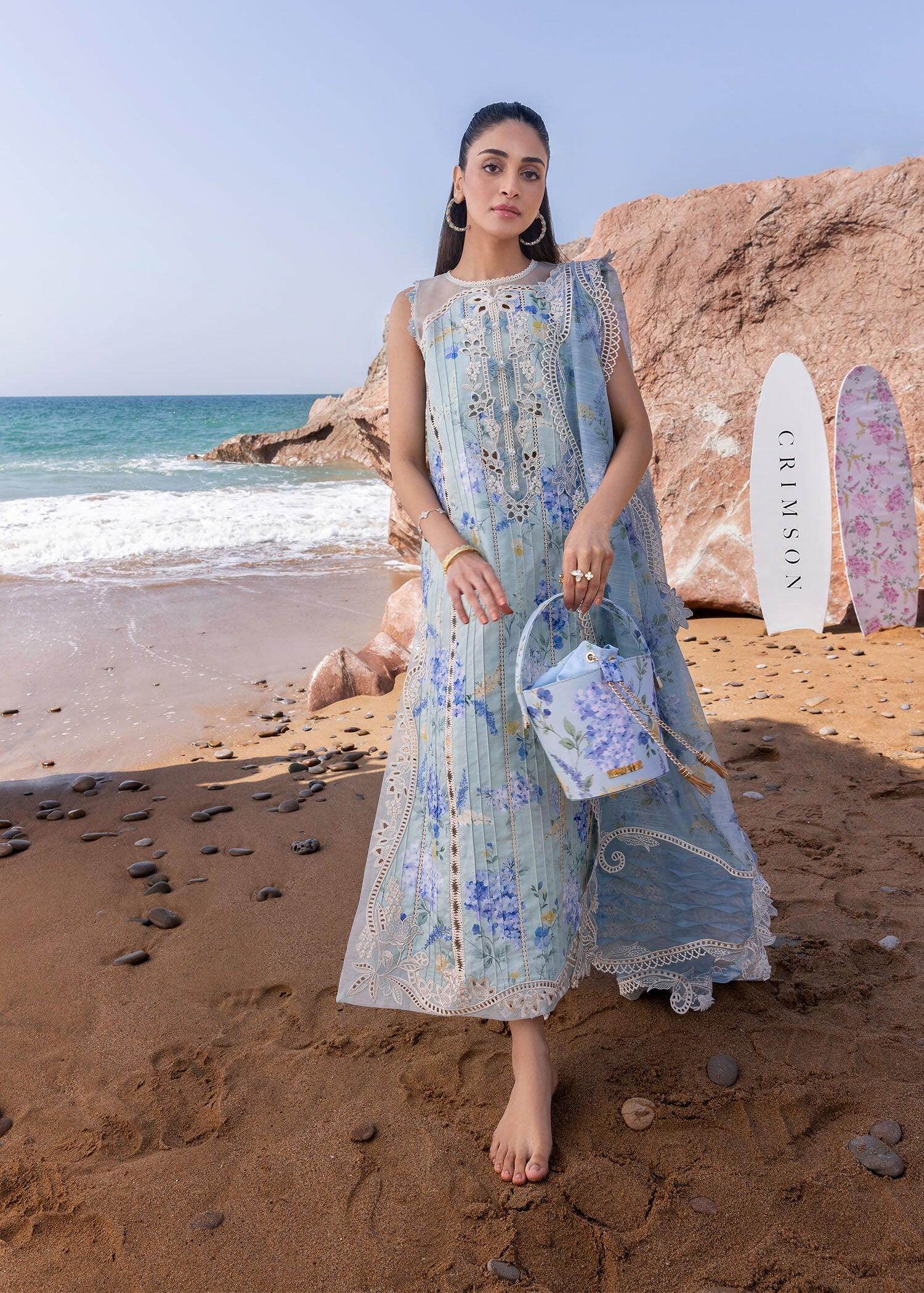 Who'S That Girl - D3 B Flow by Crimson Saira Shakira Light Blue Embroidered Summer Suits