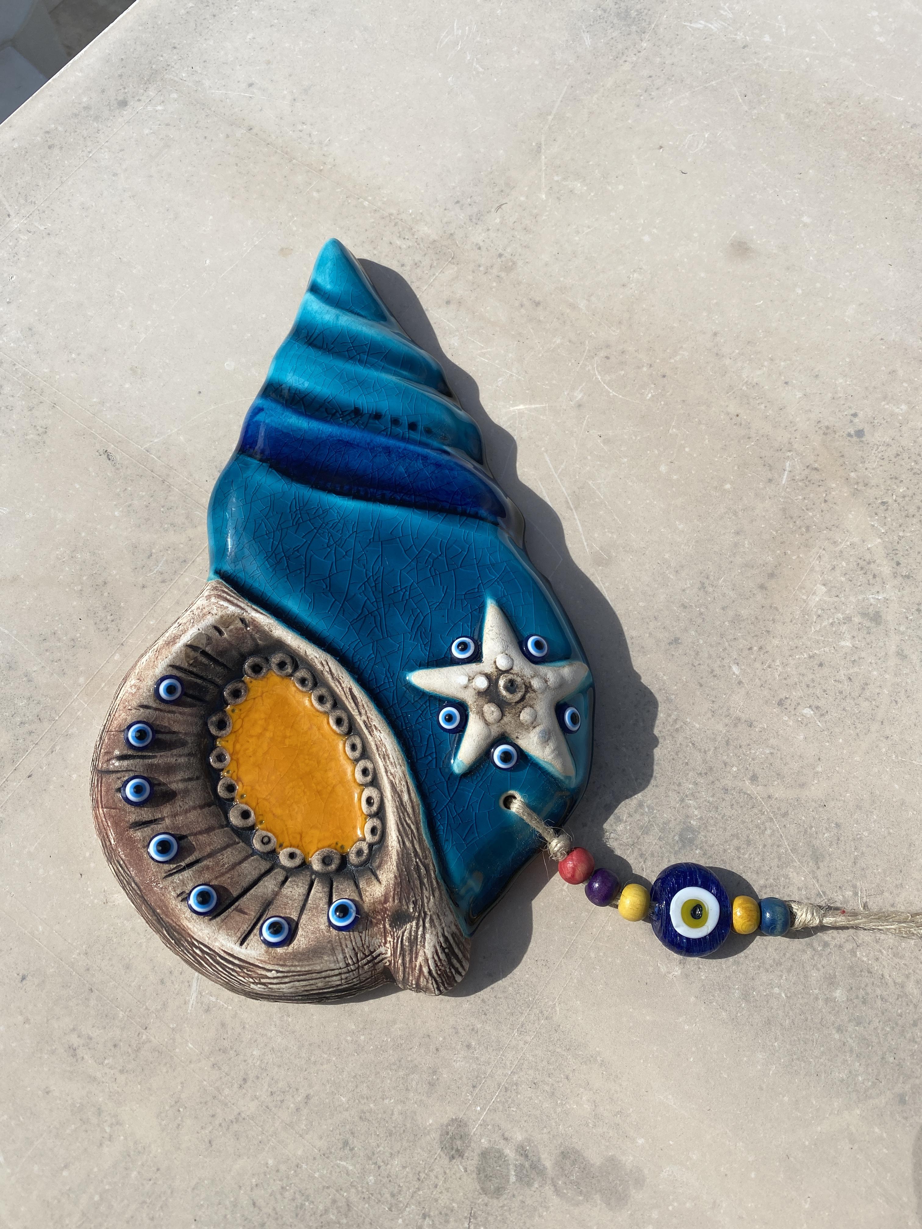 Handmade Blue and Orange Ceramic Sea Shell for Hanging