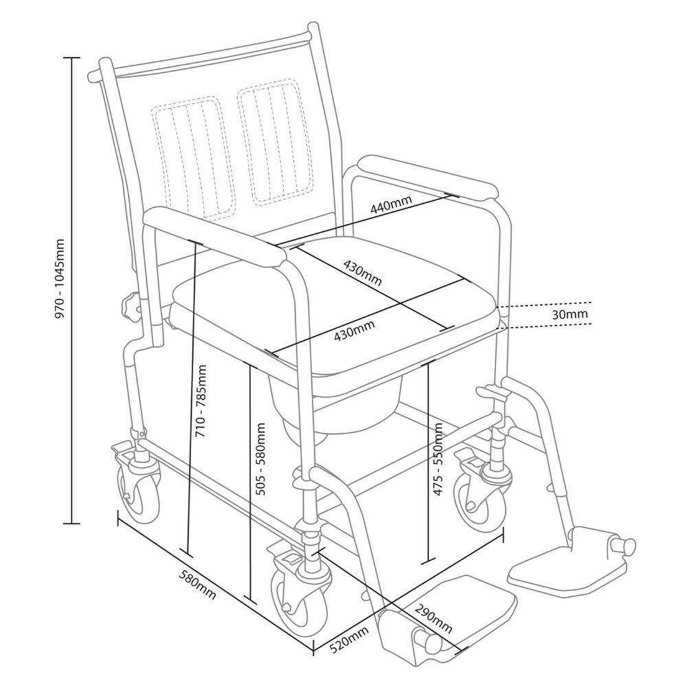 Height Adjustable Wheeled Commode