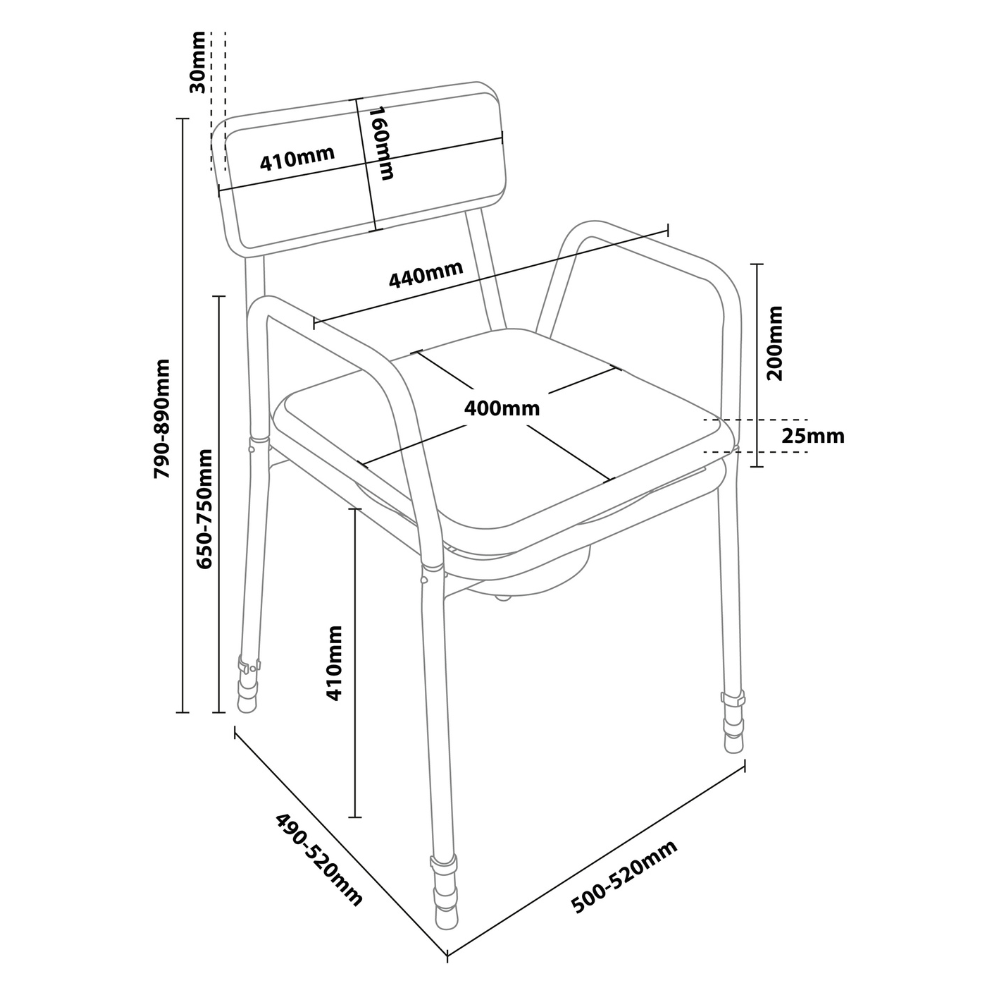 Height Adjustable Commode Chair with Detachable Arms