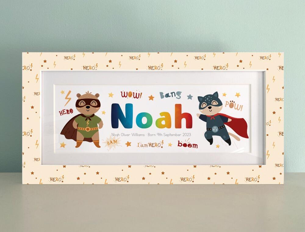 Superhero Animals Framed Name Gifts, Framed Name Print