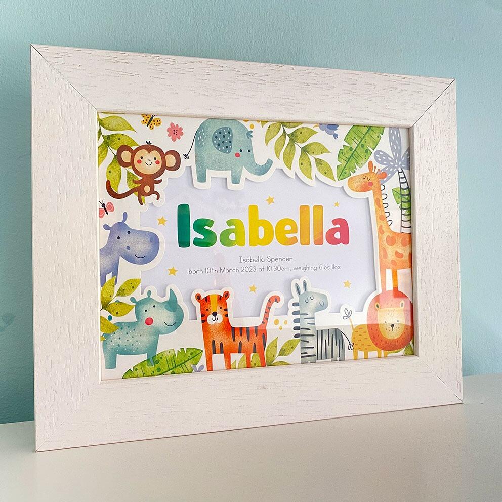 A4 framed name - Jungle Animals Name Print | Safari, Zoo Animal Name Print