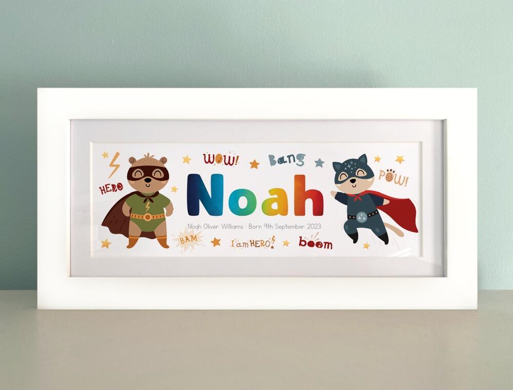 Superhero Animals Framed Name Gifts, Framed Name Print
