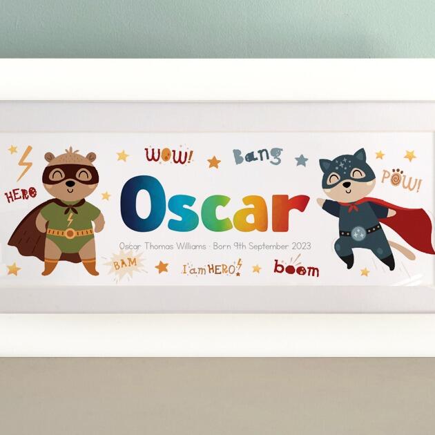 Superhero Animals Framed Name Gifts, Framed Name Print