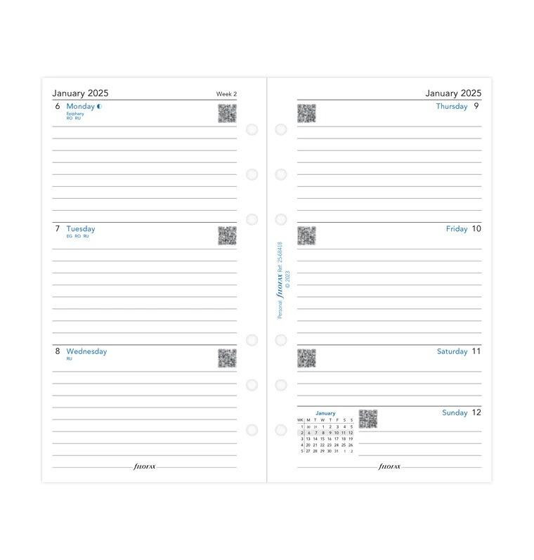 Filofax Personal Lined Week To View Diary Refill 2025 (With QR Codes)