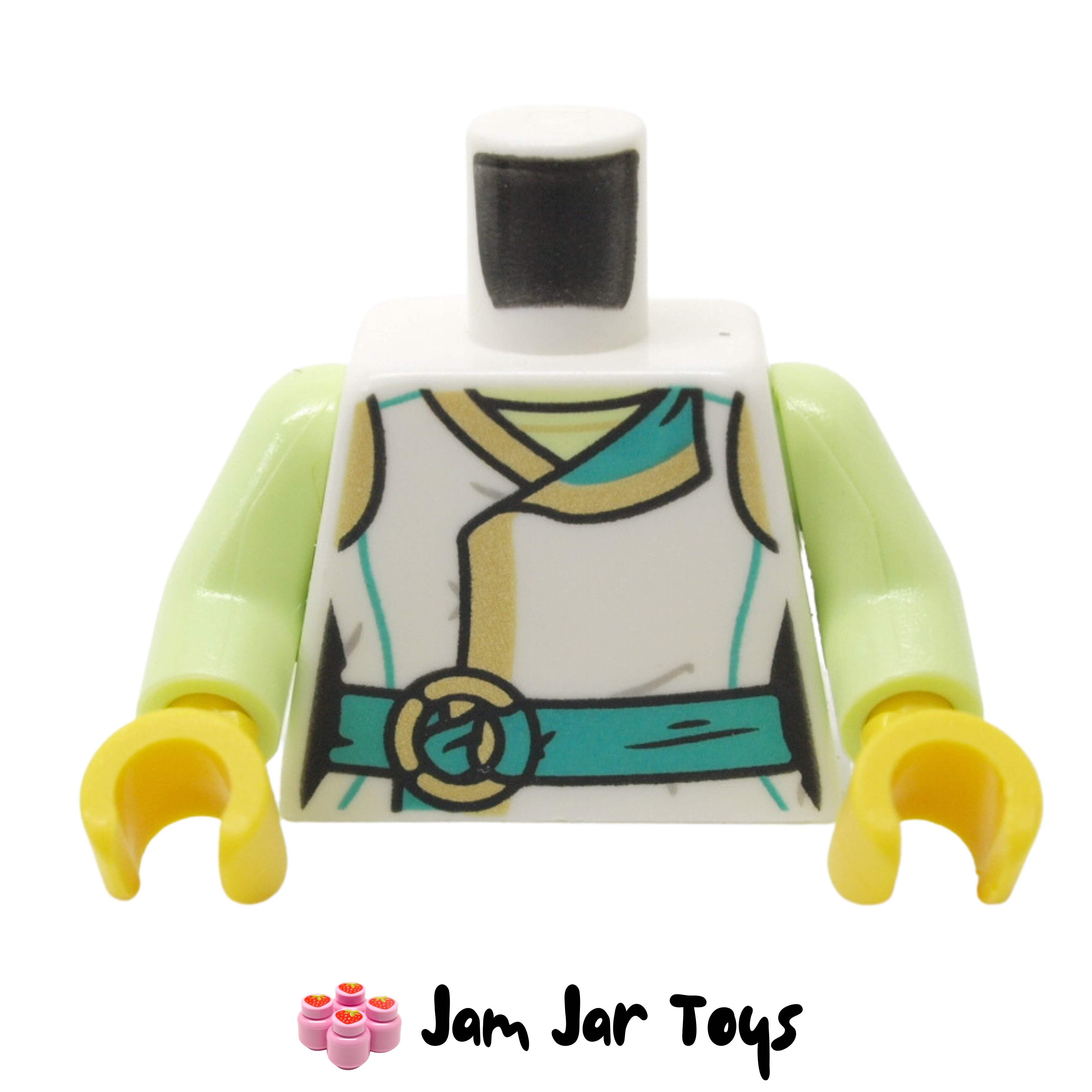 LEGO White Torso, Tunic/Robe, Dark Tan Trim, Dark Turquoise Belt T255