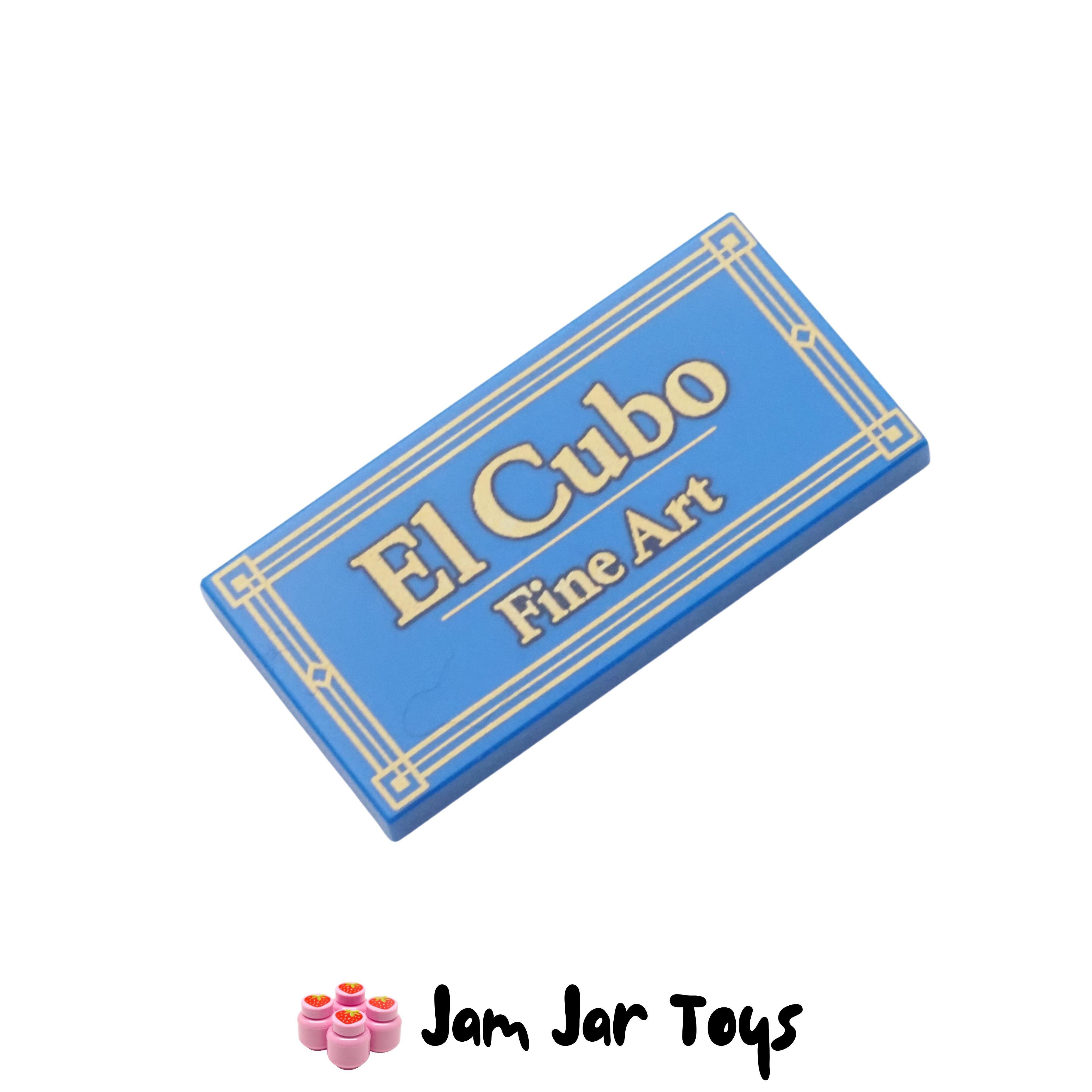 LEGO Printed Tile – Blue w/ Gold Art Text | JamJarToys