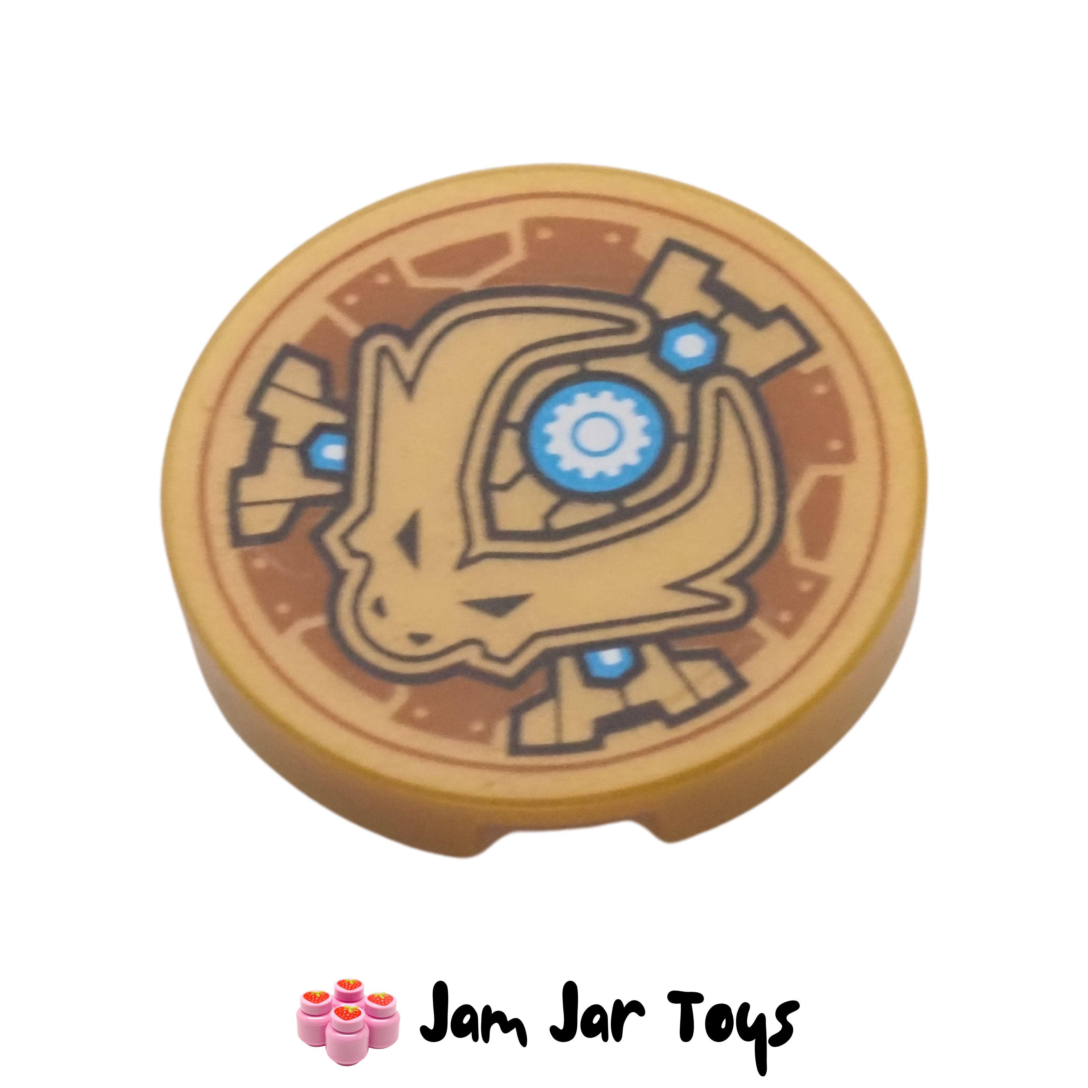 LEGO Pearl Gold, Dragon Head Round 2 x 2 Tile, White Gear in Circle PT122