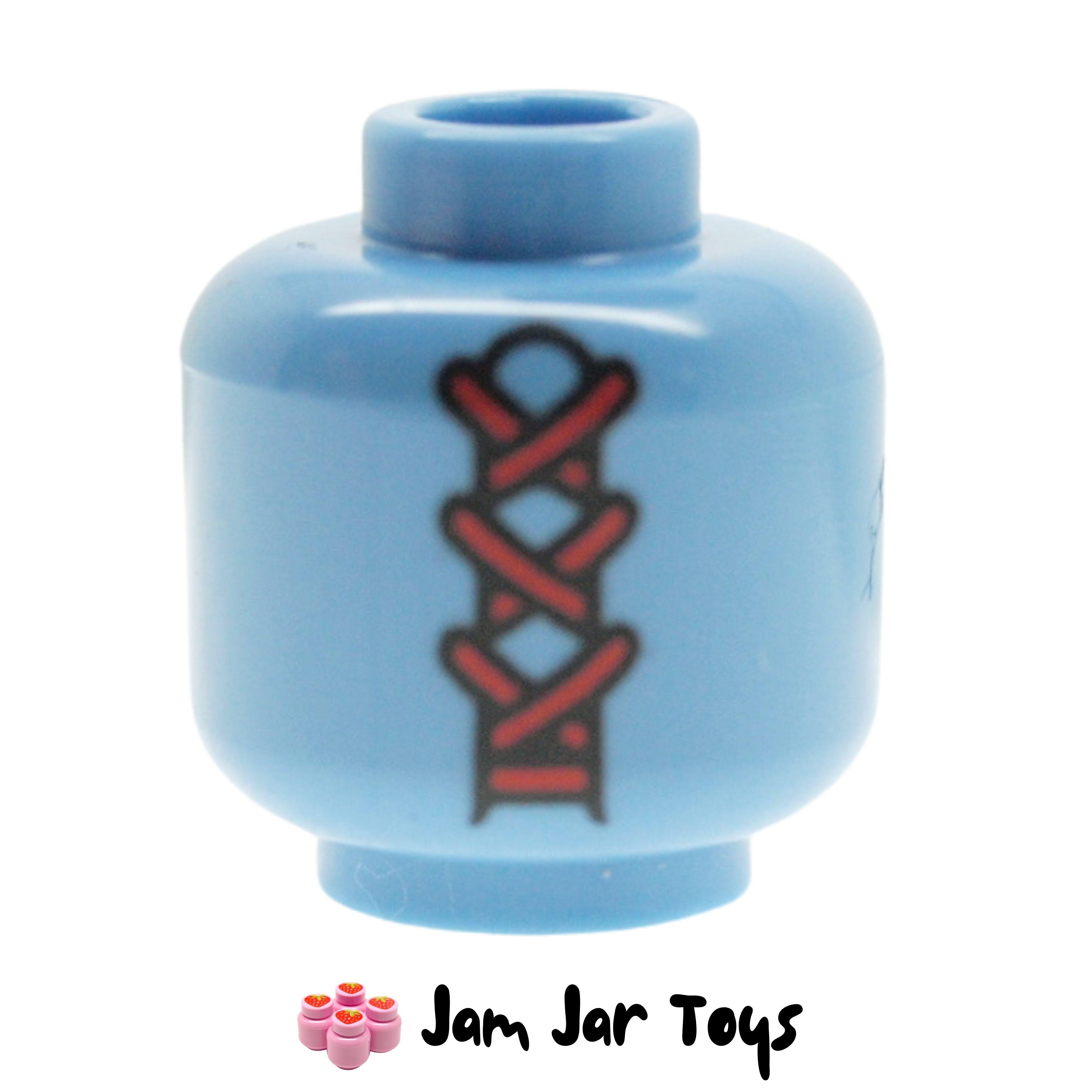 LEGO Medium Blue Head Red Fiery Mask, Smirk, Red Laces in Back. HF70