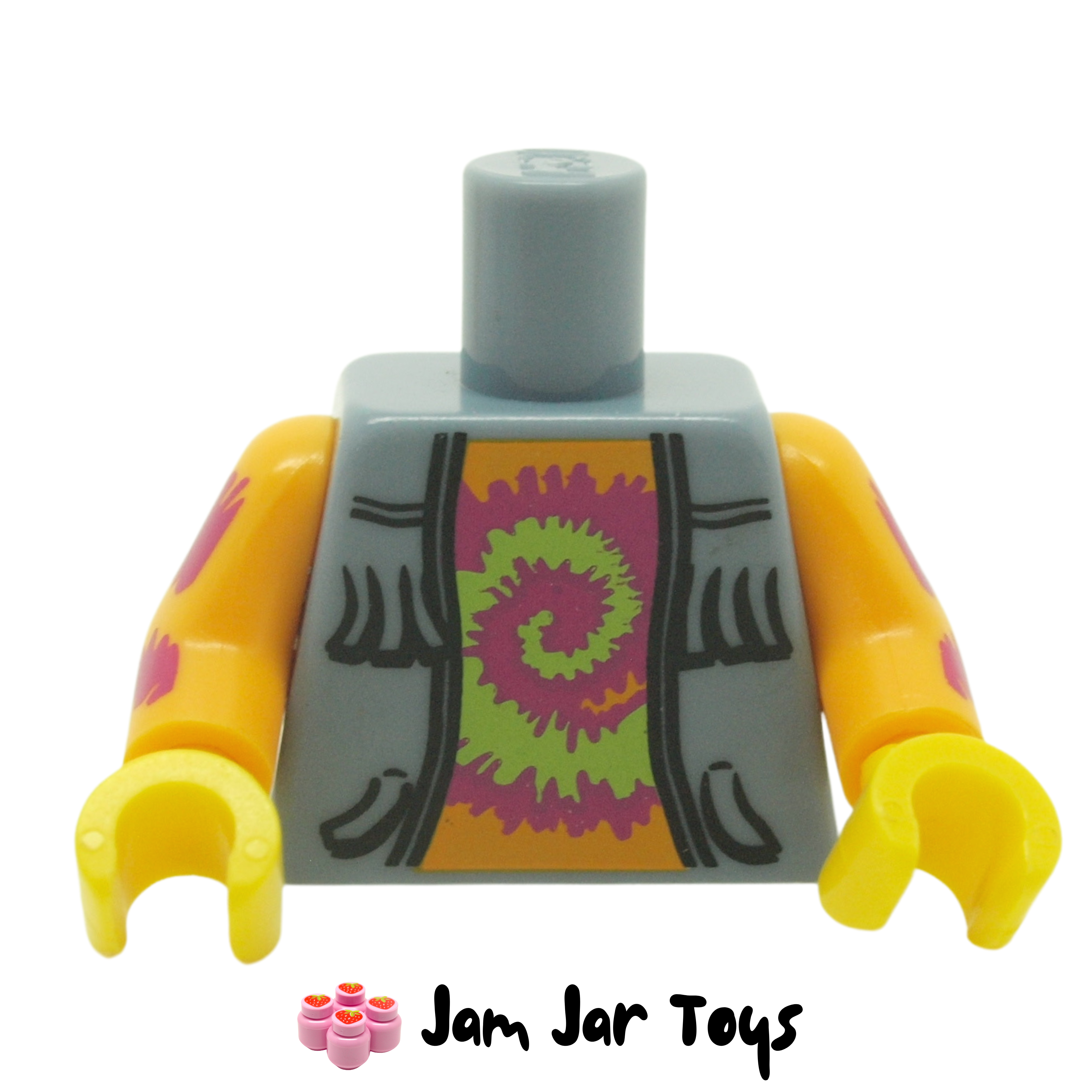 LEGO Sand Blue Vest Torso Fringe Orange Top / Pink and Lime Swirl.
