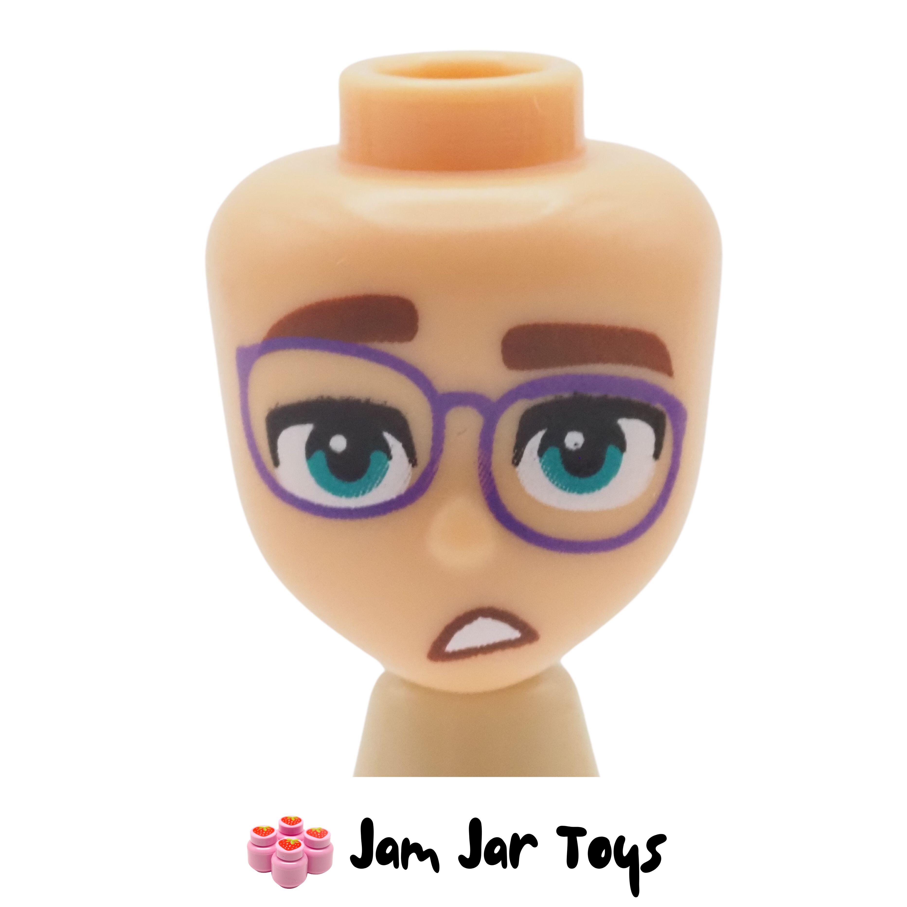 LEGO Warm Tan Head, Scared, Purple Glasses, Dark Turquoise Eyes. MDH132
