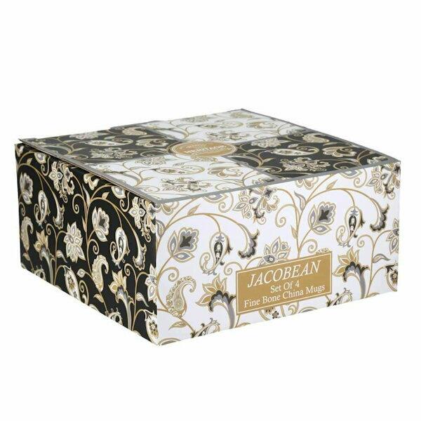 Heritage Bone China - Black White & Gold Jacobean Mugs - Set of 4 Gift ...