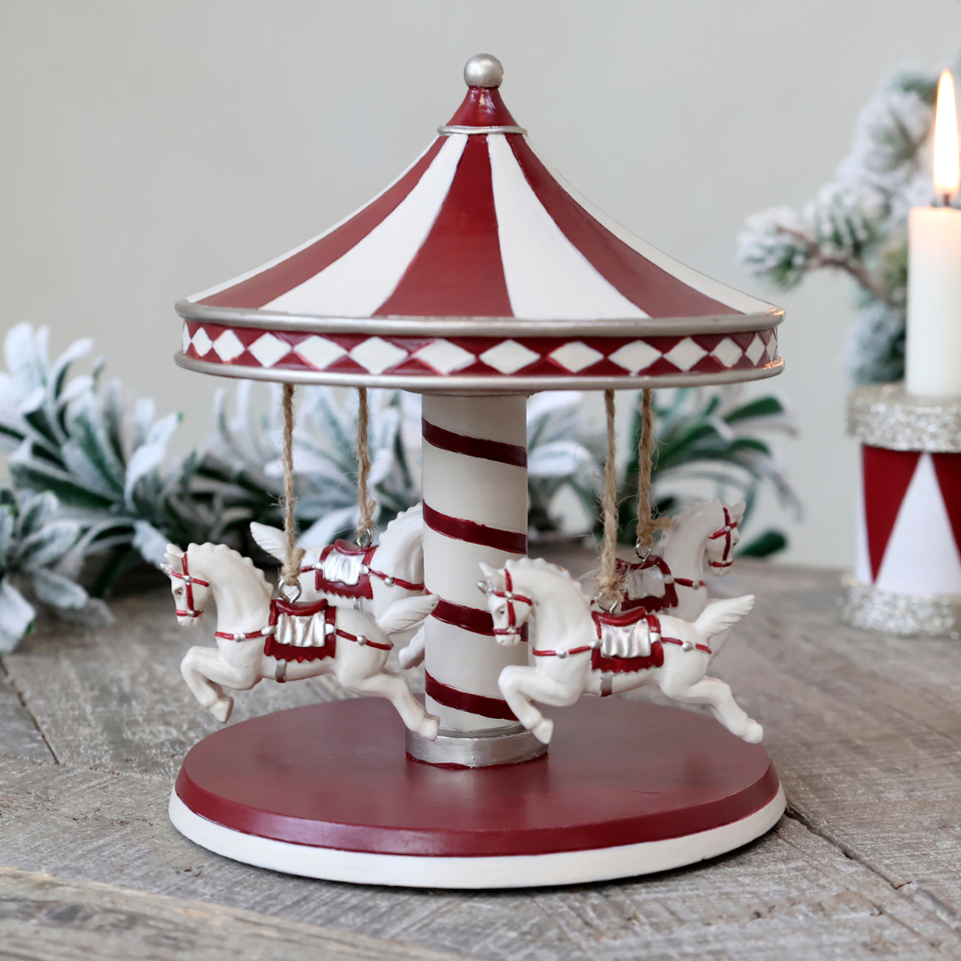 Ceramic Vintage Style Red & White Carousel Christmas Decoration