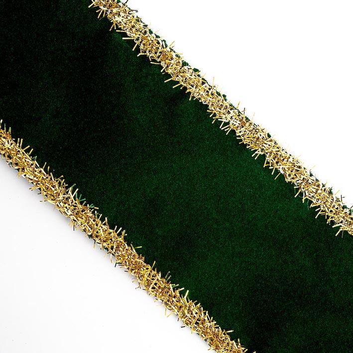 Bottle Green Velvet Wired Gold Tinsel Edge 63mm x 10m IO-6616