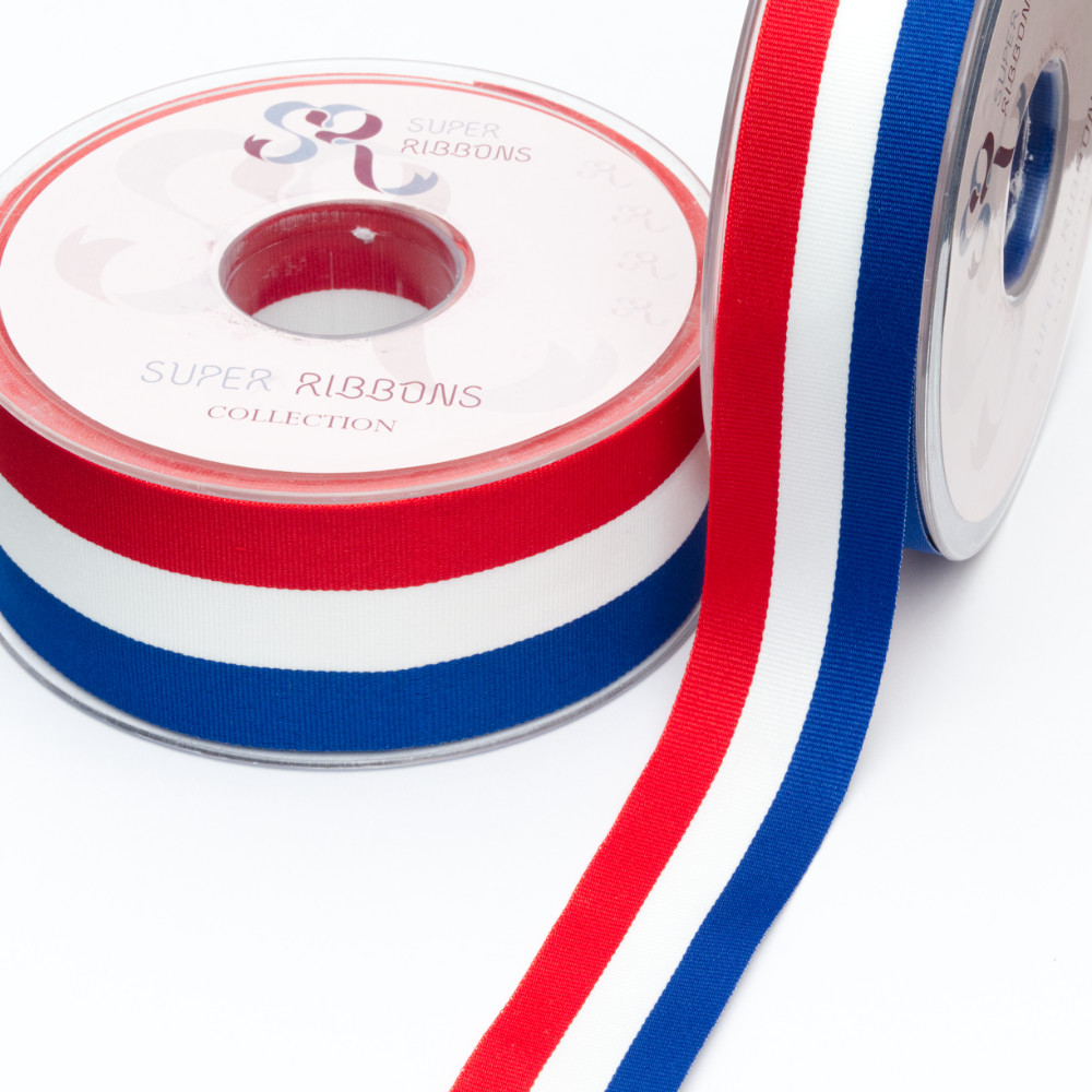 Tri-Colour Ribbon Red/White/Blue 25mm x 20m SR-TRICOL25