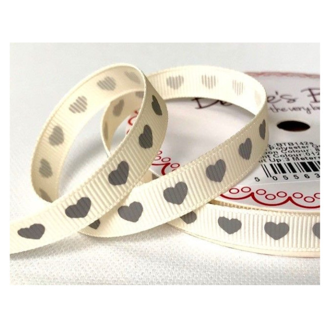 Grey Heart Ribbon 9mm x 25m Ivory SEBTB142