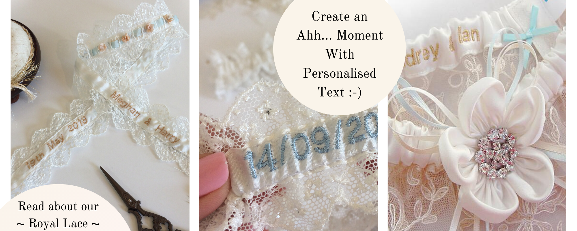 Personalised Wedding Garters, Unique Designs, Pure Silk Exclusive Lace