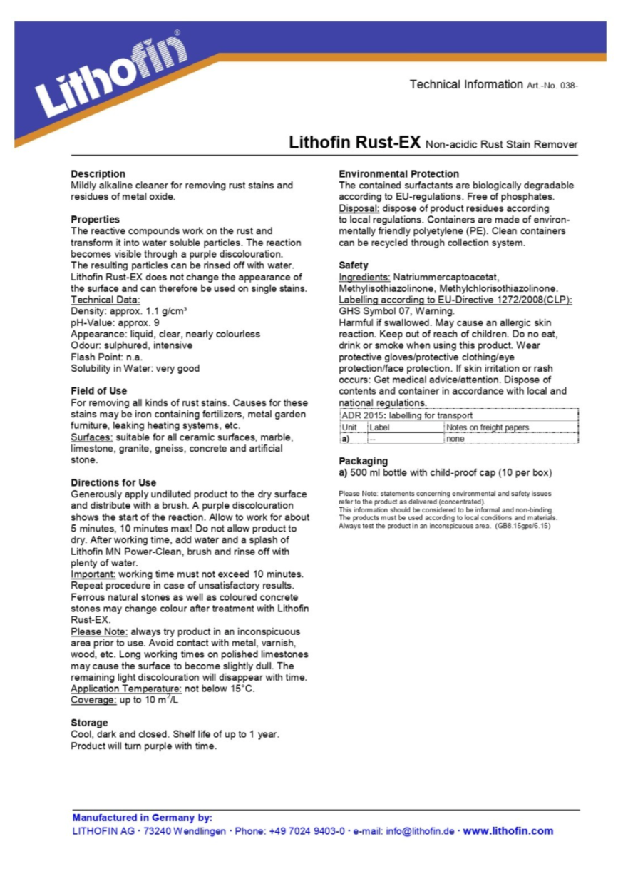 Lithofin Rust-EX - Non-Acidic Rust Stain Remover - 500 ML