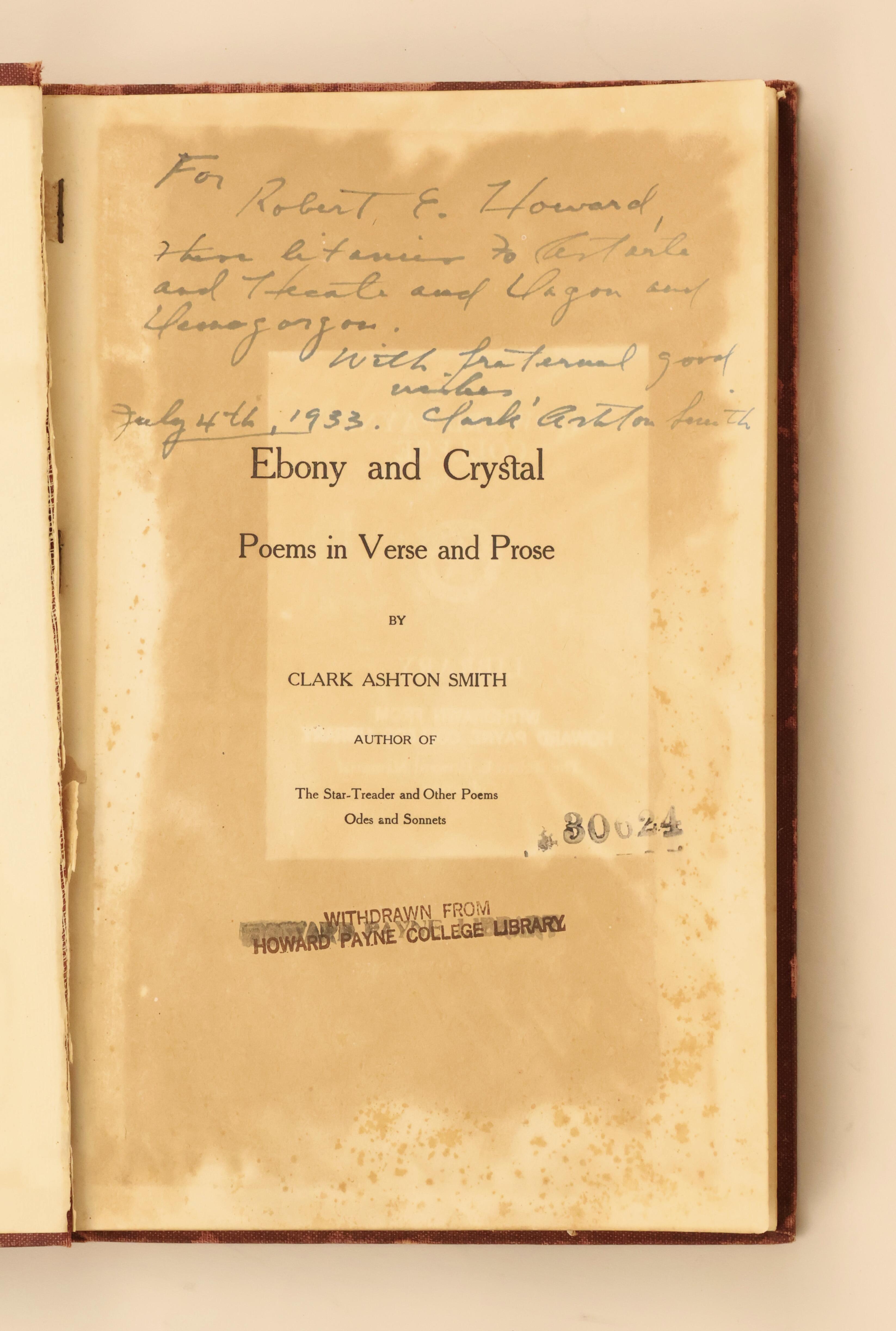 Inscribed by Clark Ashton Smith to Robert E. Howard