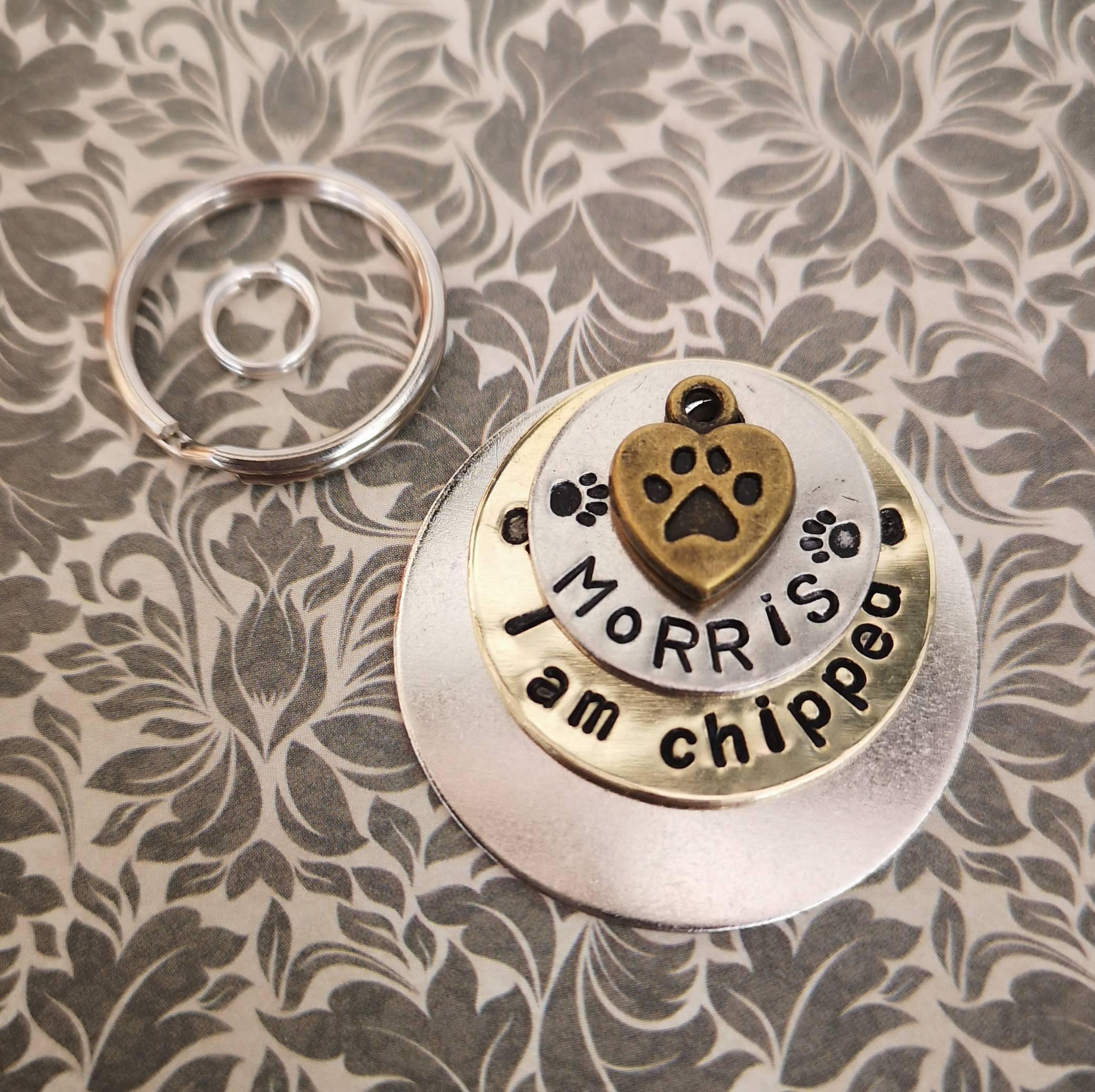 Three tier hand stamped handmade dog tag chipped