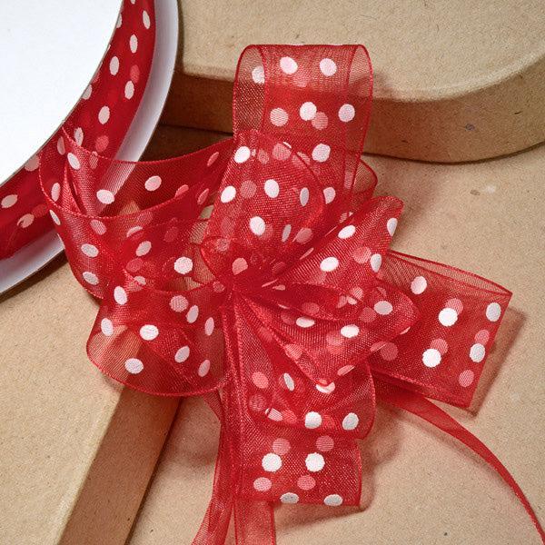 Organza Pull Bow Ribbon Red with White Spots