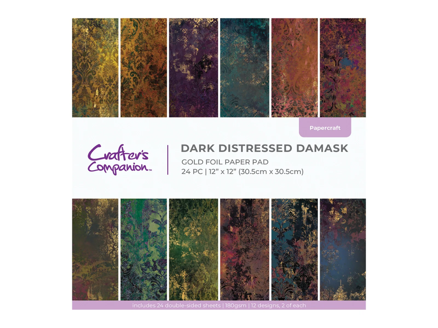 Crafter’s Companion - Distressed Damask Collection 12"x12" Paper Pad - Dark