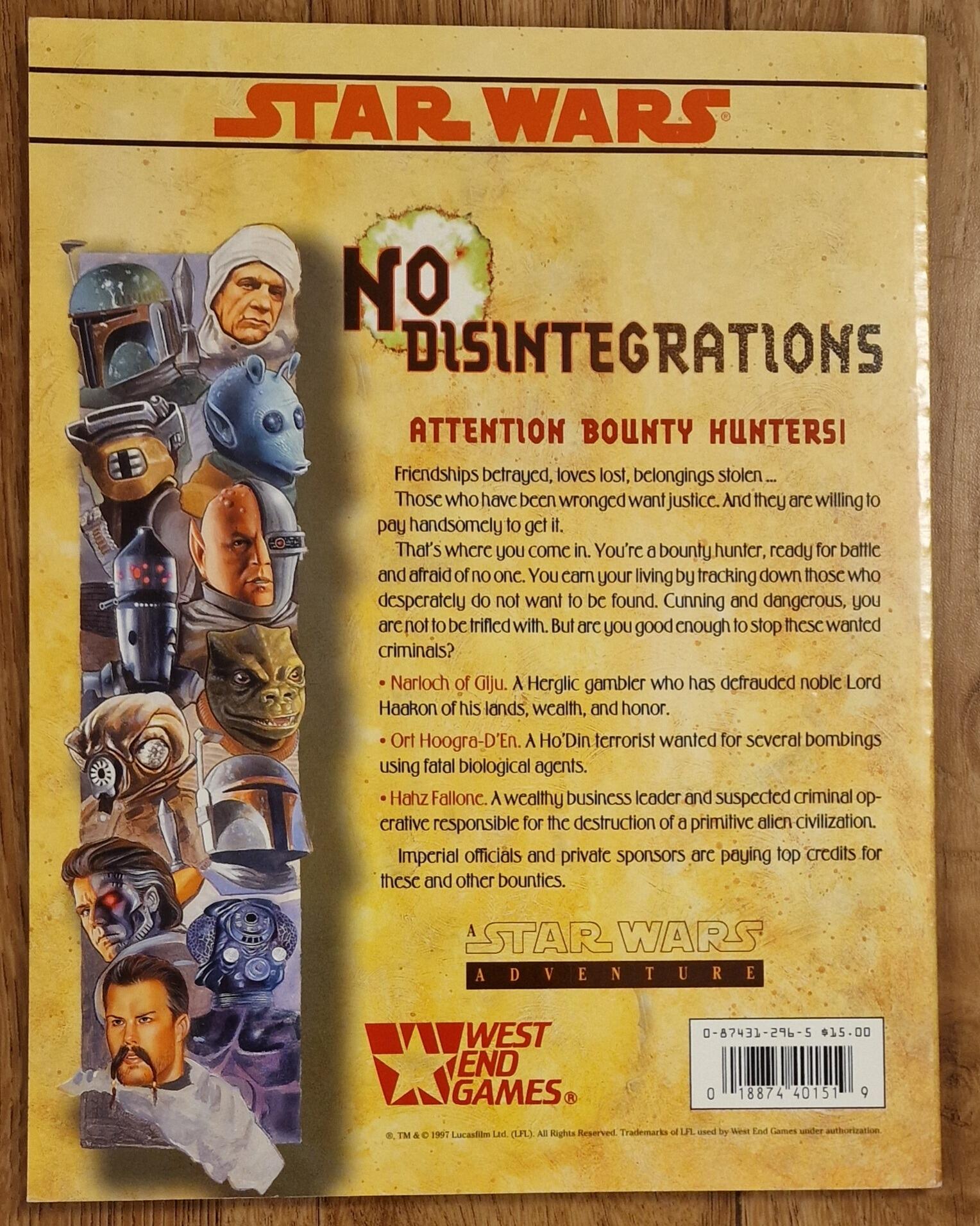 No Disintegrations Adventures for Bounty Hunters for Star Wars RPG by West End Games