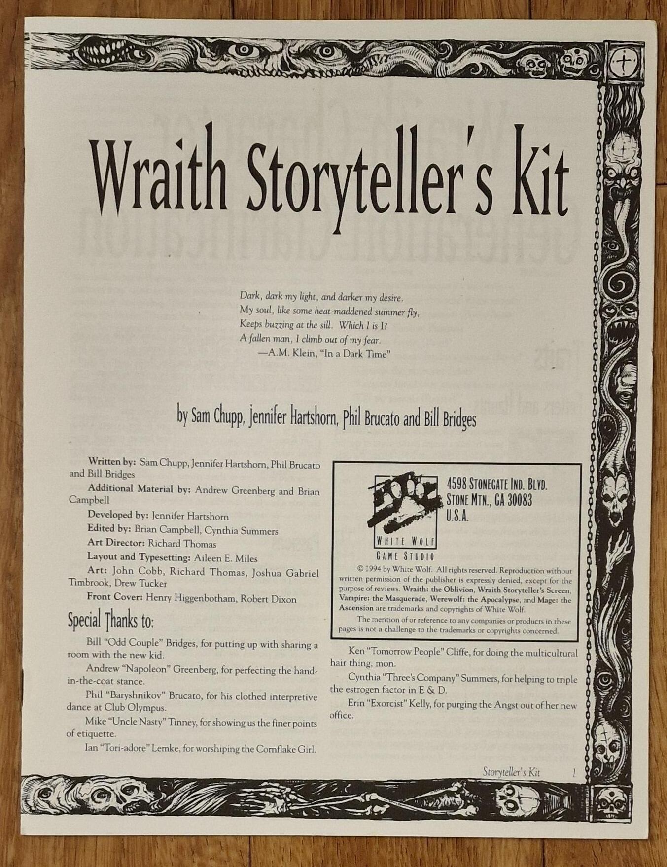 Storytellers Screen Kit for Wraith the Oblivion by White Wolf